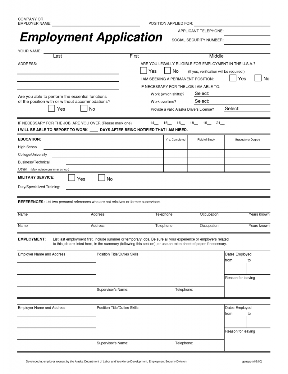 Free Printable General Application For Employment Free Printable