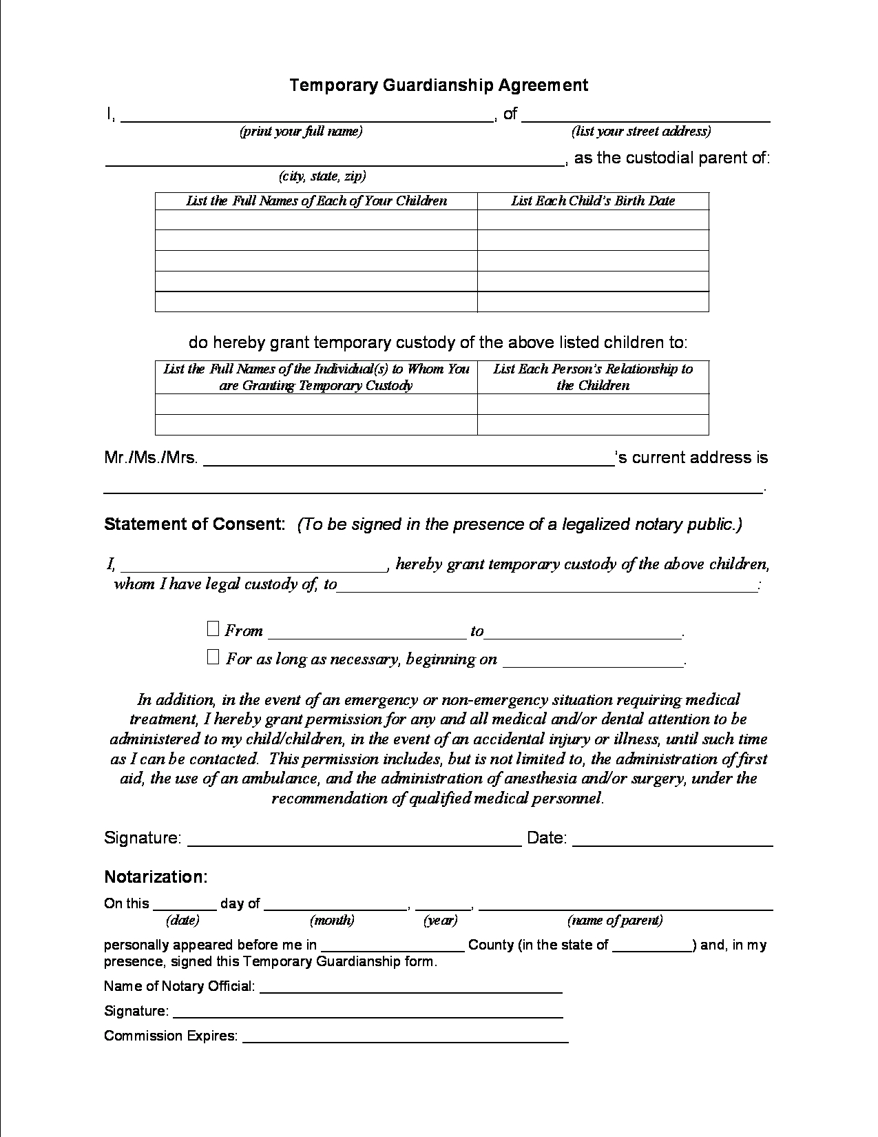 Free Printable Temporary Guardianship Forms Forms Child Custody 
