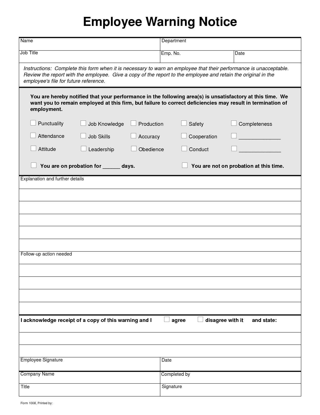 Disciplinary Action Form Employee Forms Employee Performance Free Printable Hr Forms