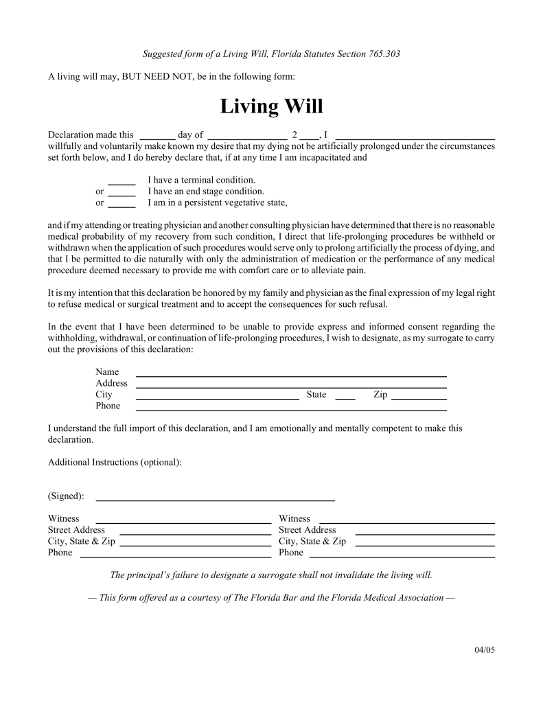 Printable Last Will And Testament Florida Martin Printable Calendars
