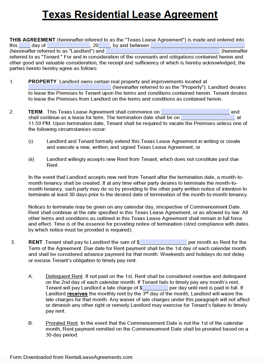 Texas Lease Agreement Printable