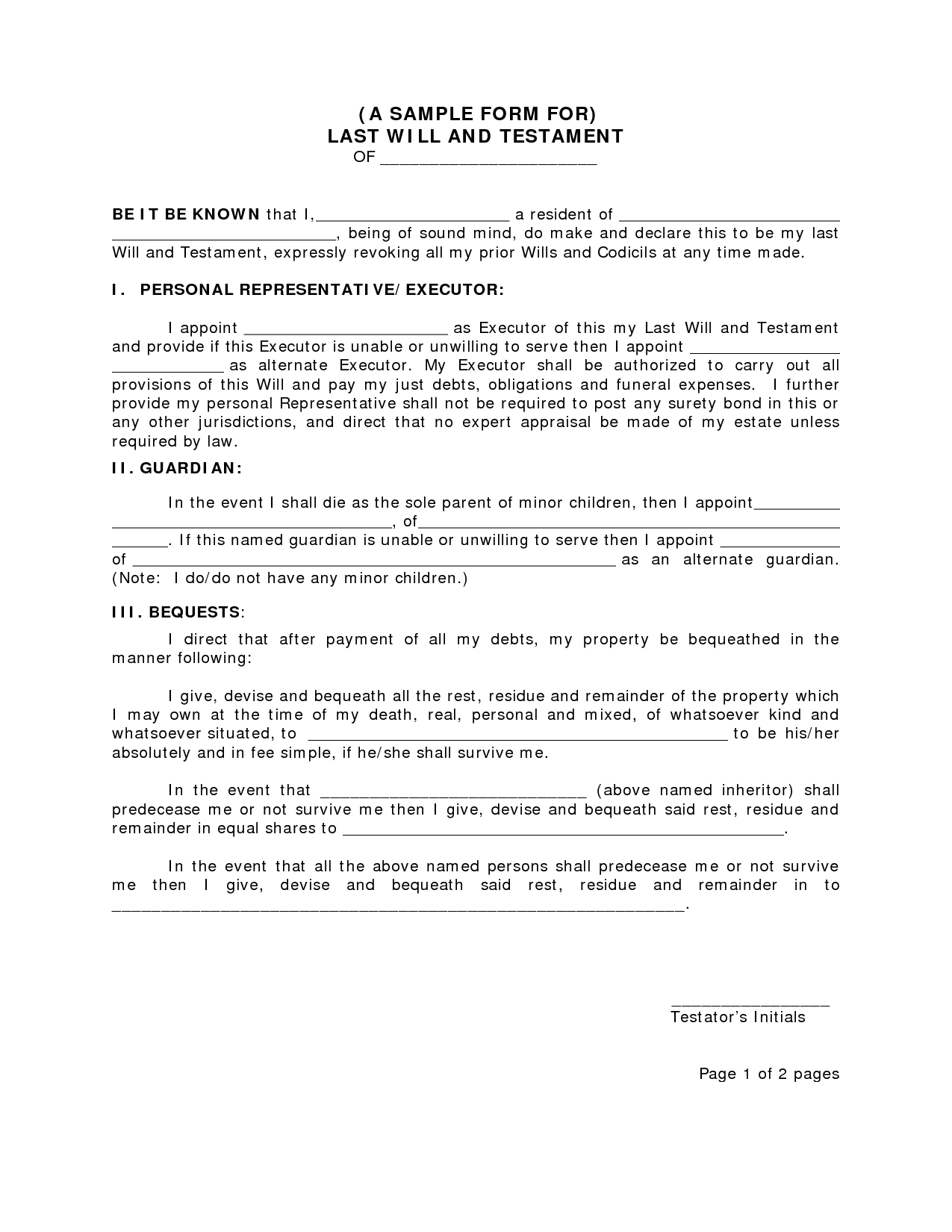 Free Printable Last Will And Testament Blank Forms Free Printable