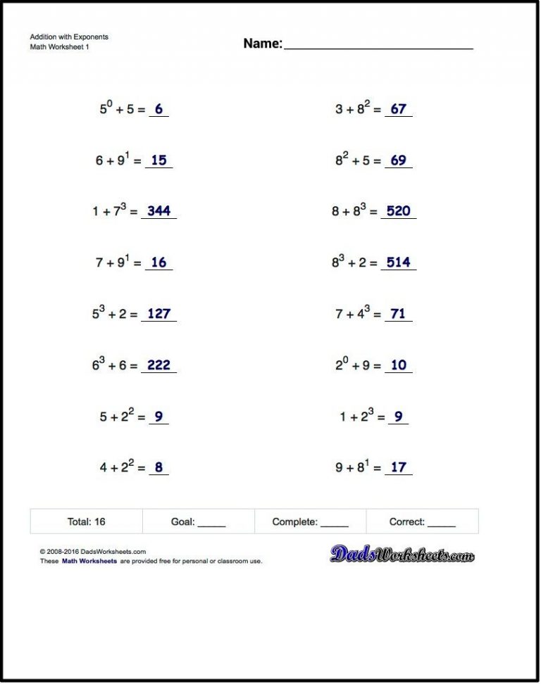 The Exponents Worksheets In This Section Provide Practice That Free