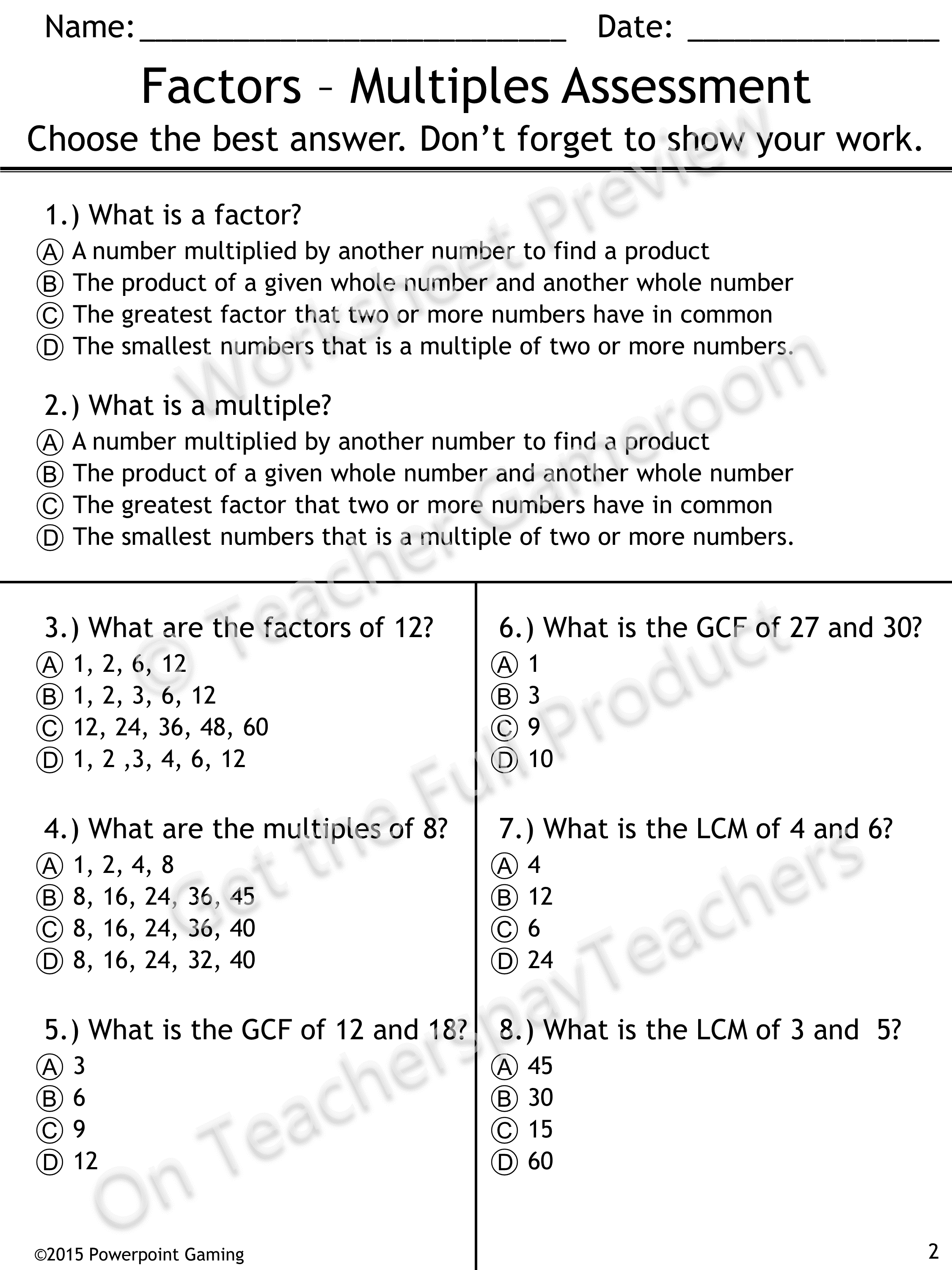 Factor And Multiple Worksheet For Class 5