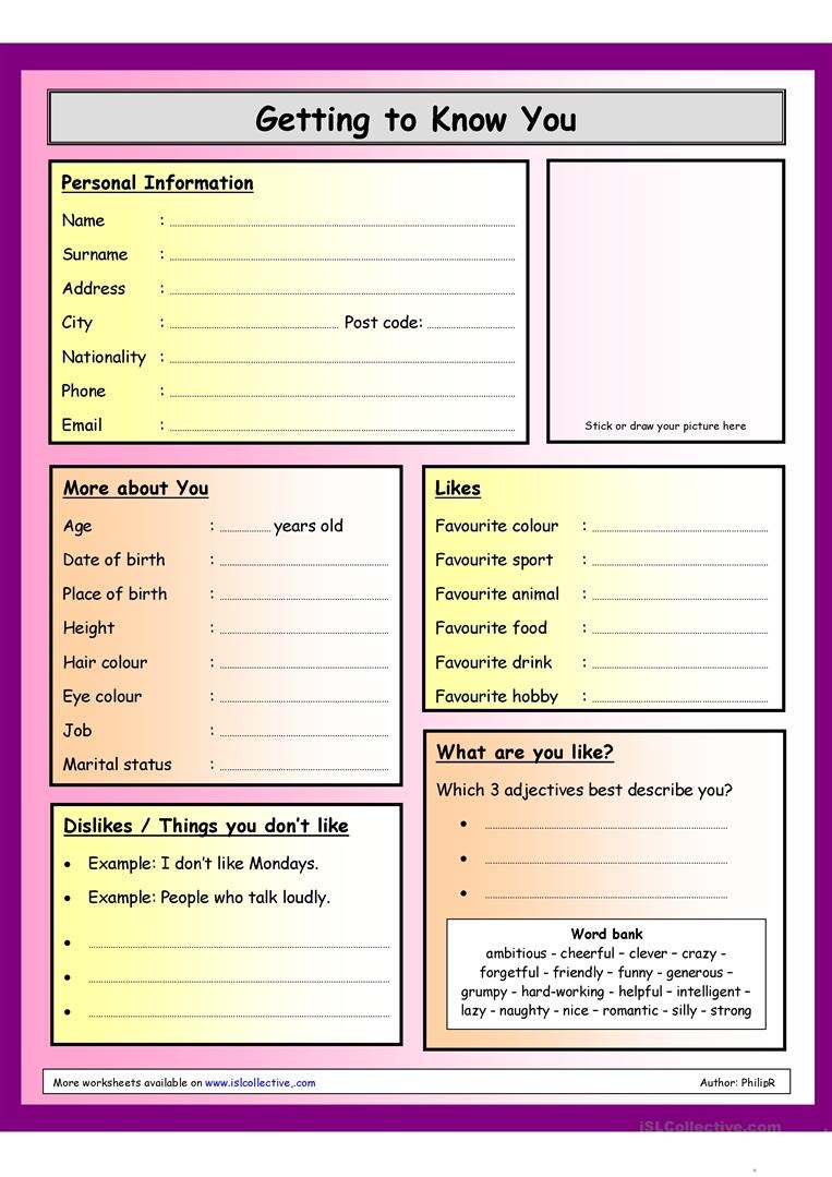 Getting To Know You - Questionnaire Worksheet - Free Esl Printable ... Getting To Know You - Questionnaire Worksheet - Free Esl Printable ...