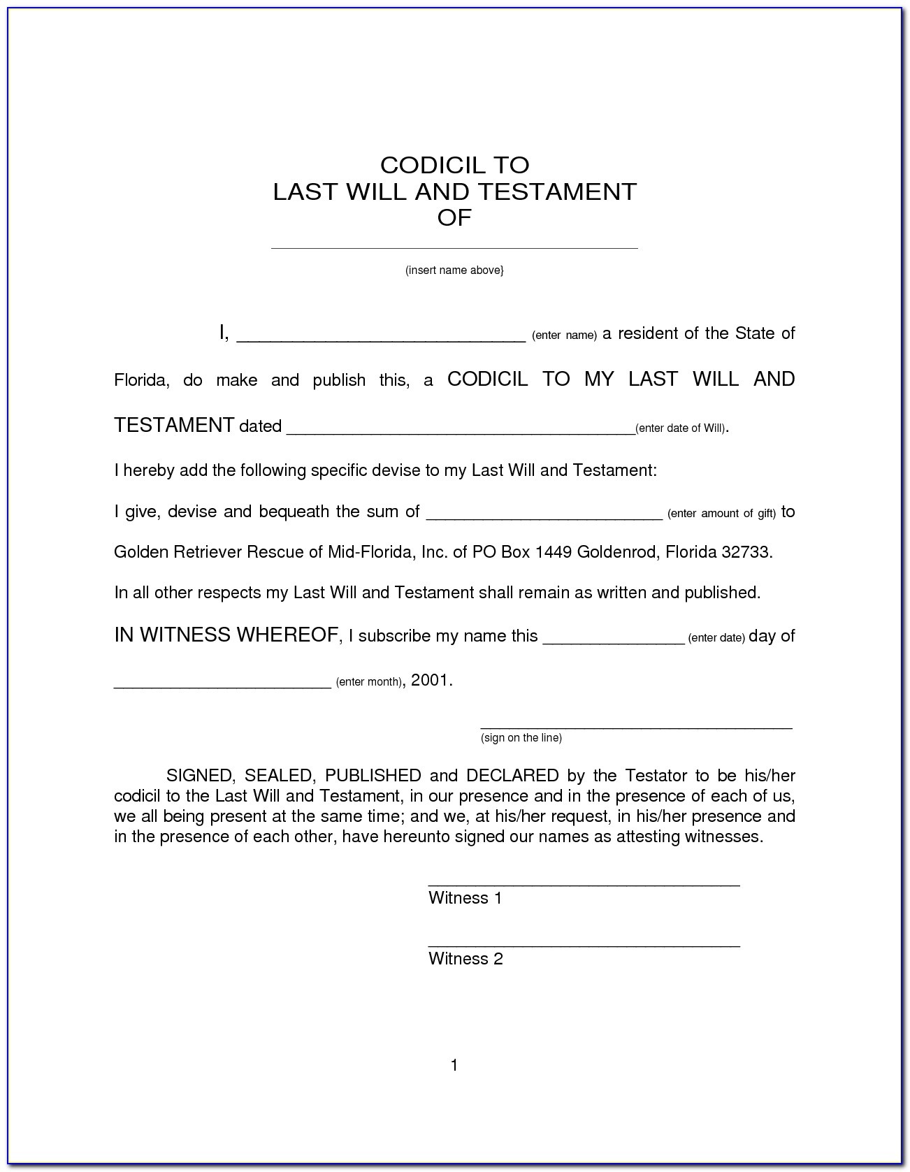 Free Printable Last Will And Testament Blank Forms Florida Free Printable