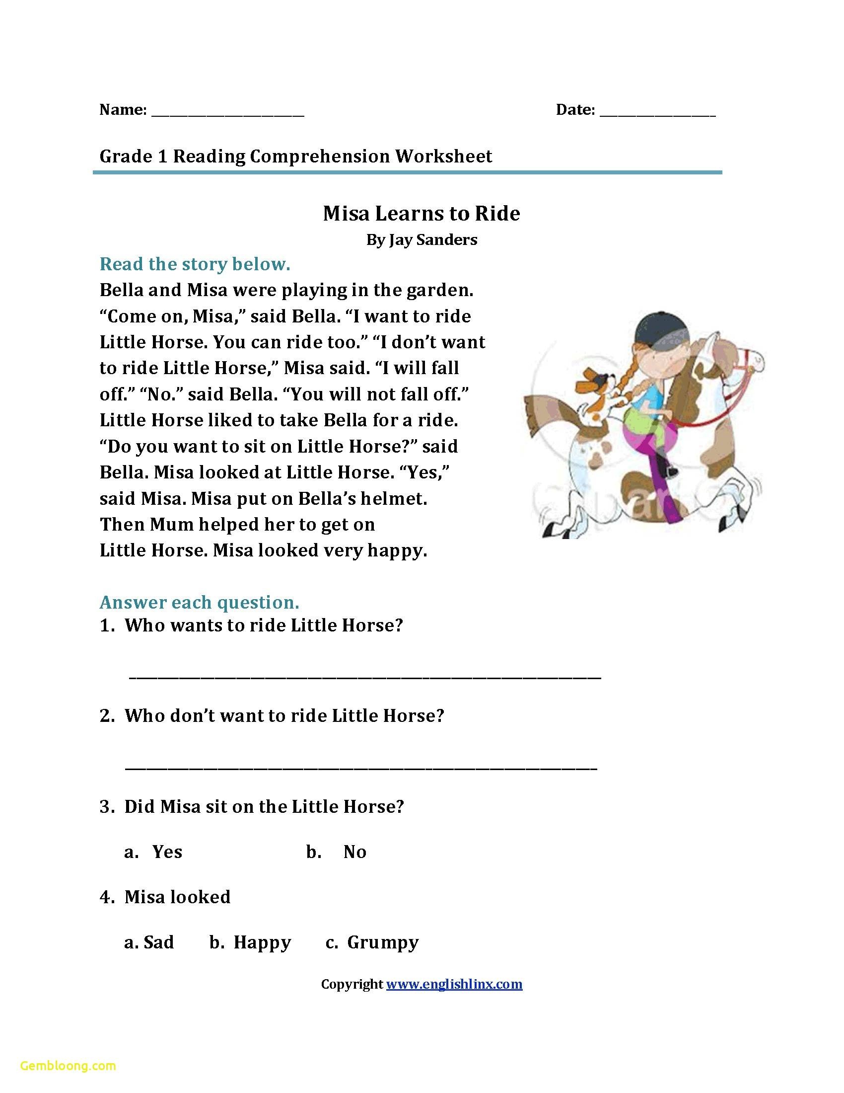 Reading Worksheeets Free Printable Grade 1 Reading Comprehension 